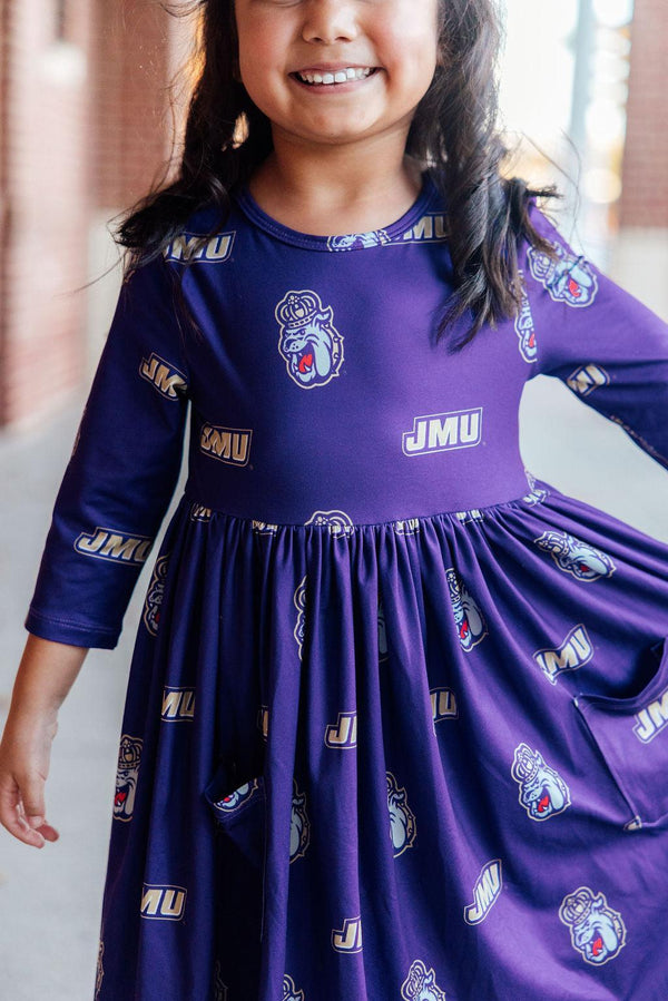 JMU Purple Duke Dog 3/4 Sleeve Pocket Twirl Dress | Mila & Rose