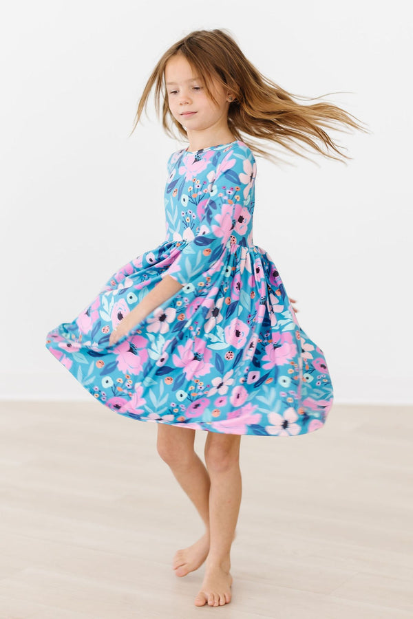 Twirling in Teal 3/4 Sleeve Pocket Twirl Dress | Mila & Rose
